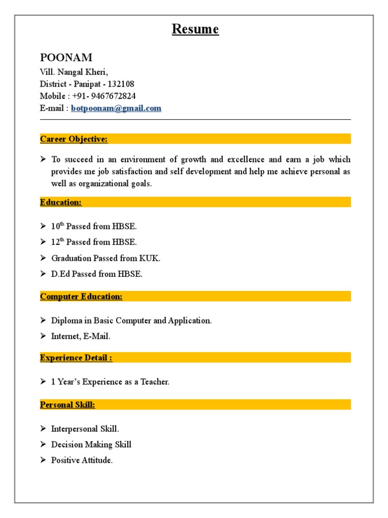 Simple Resume for 10th Pass Student | PDF