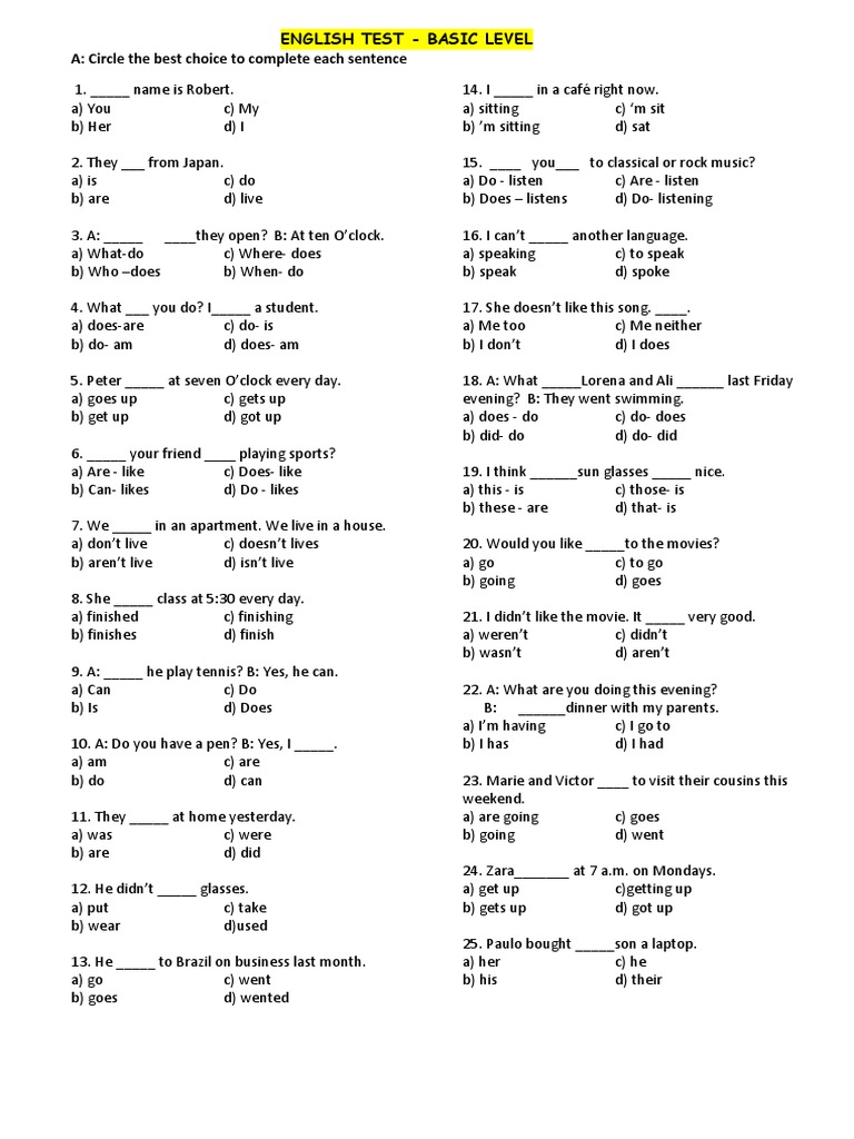 English Test - Basic Level A: Circle The Best Choice To Complete Each ...