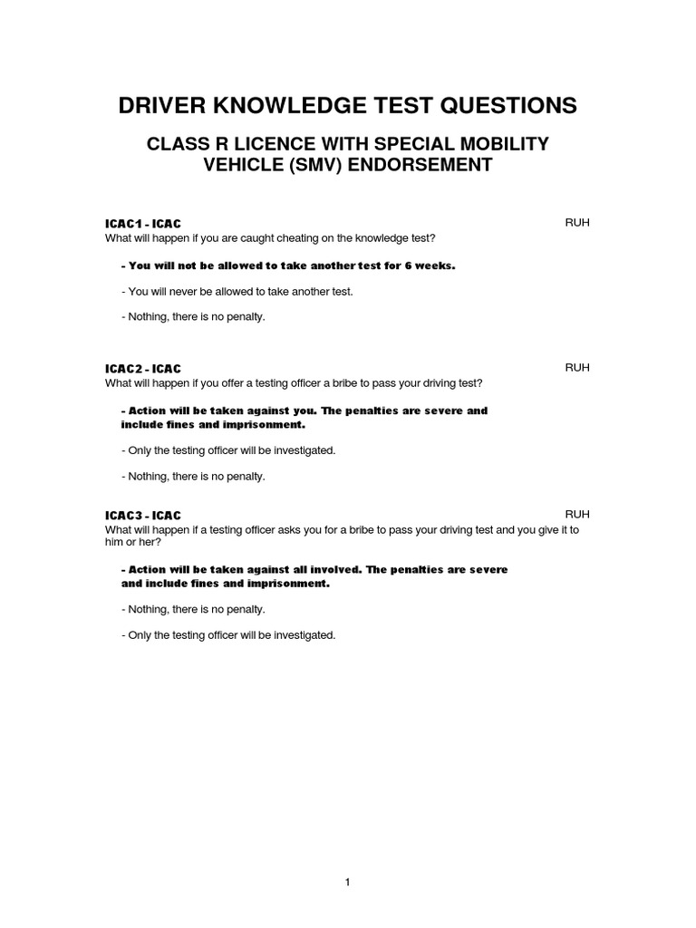 Driver Knowledge Test Questions Rider SMV | PDF | Traffic ...