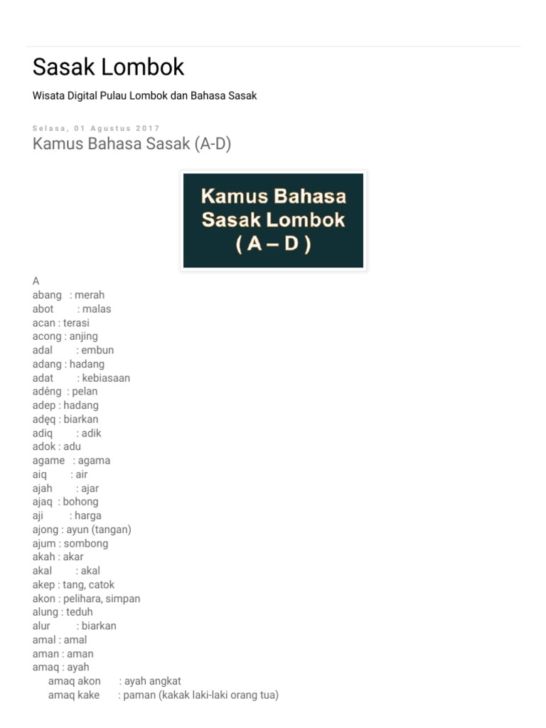 Sasak Lombok - Kamus Bahasa Sasak (A-D) | PDF