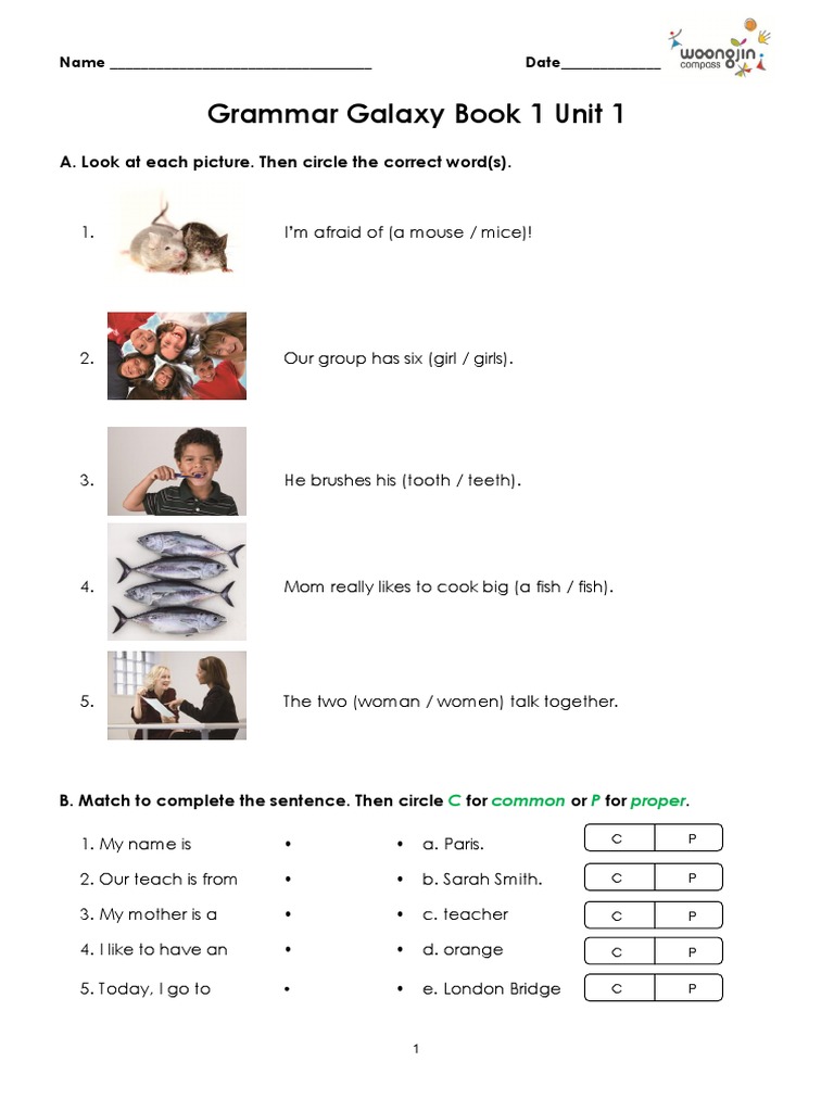 Grammar Galaxy Book 1 Unit 1: A. Look at Each Picture. Then Circle The ...