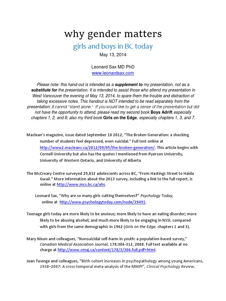 Why Gender Matters: Girls and Boys in BC Today | PDF | Psychology ...