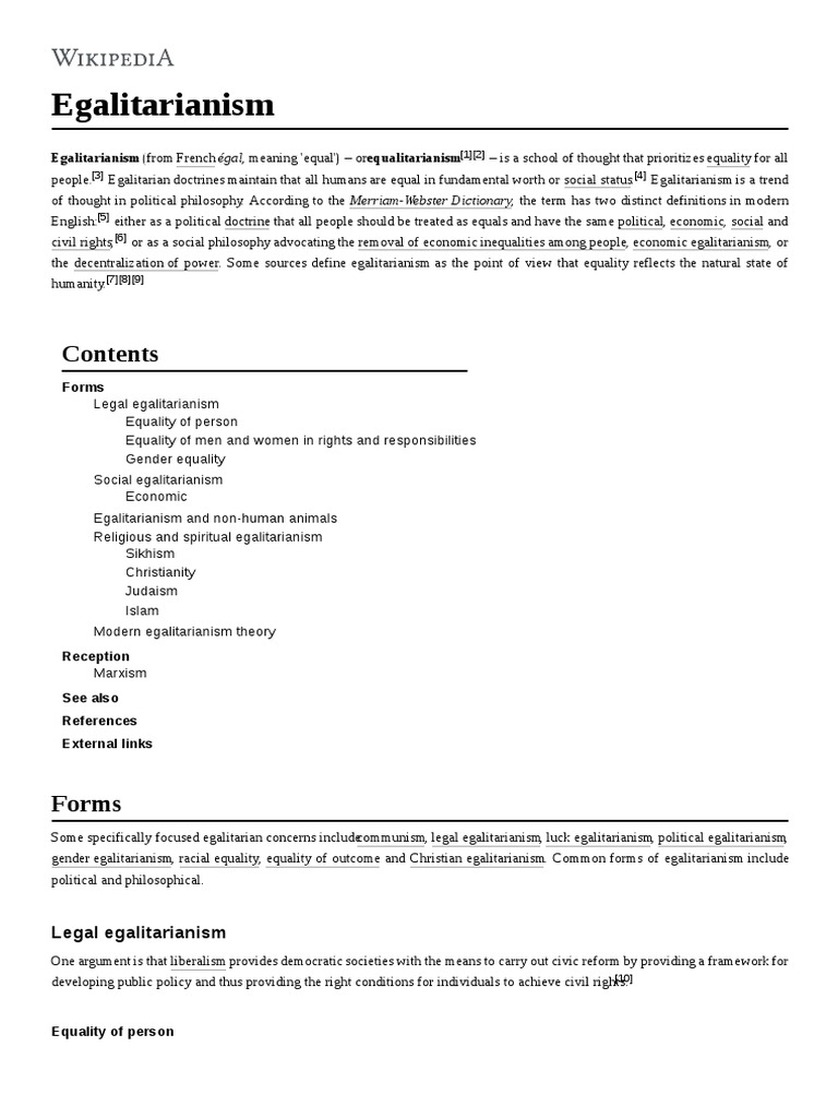 Egalitarianism: Egalitarianism (From French Égal, Meaning 'Equal') - or ...