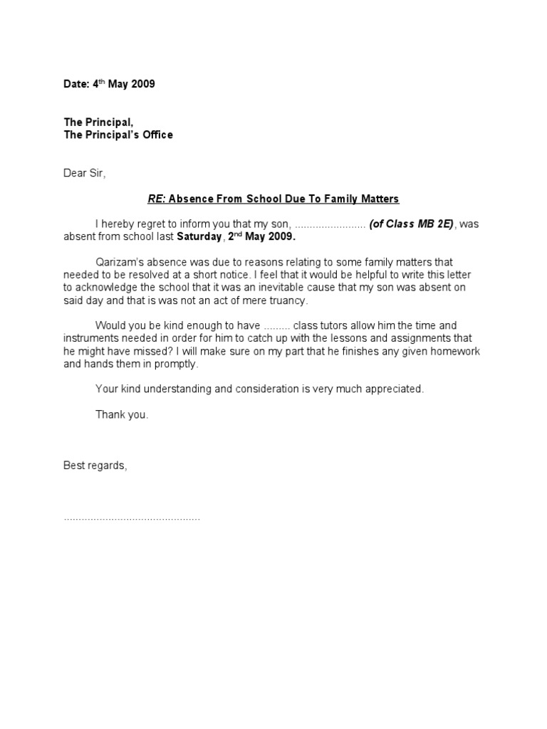 Absence Letter for School Due to Family Matters | PDF