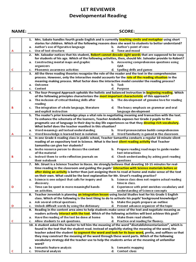 Let Reviewer Developmental Reading: NAME: - SCORE | Download Free PDF ...