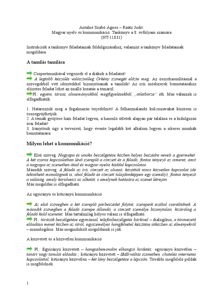 NT 11831 Nyelvtan 8 TK Megoldások | PDF