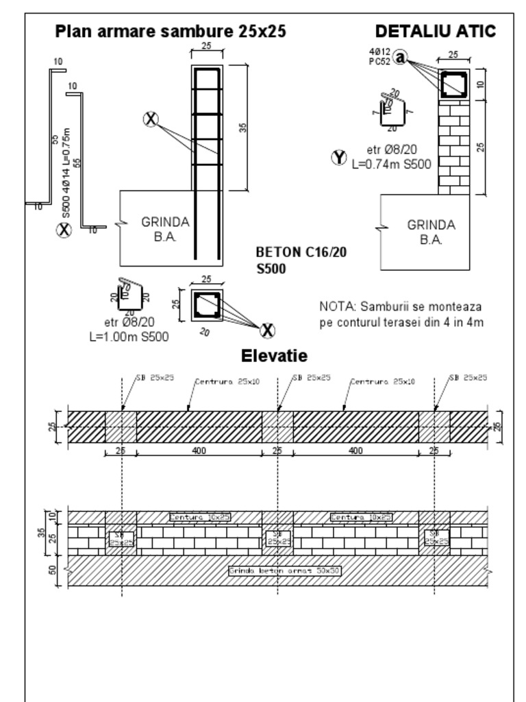 A Detaliu Atic Plan Armare Sambure 25x25: Etr Ø8/20 L 0.74m S500 | PDF