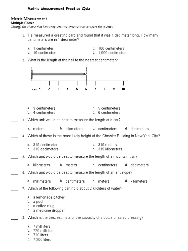 Metric Measurement Practice Quiz | PDF | Measurement | Scientific Method