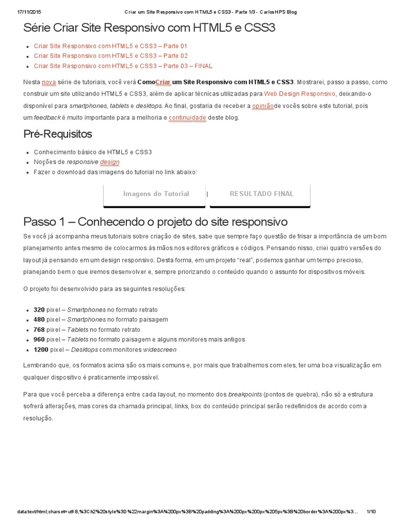Criar Um Site Responsivo Com HTML5 e CSS3 - Parte 1 - 3 - CarlosHPS Blog | PDF | Html5 | Folhas ...
