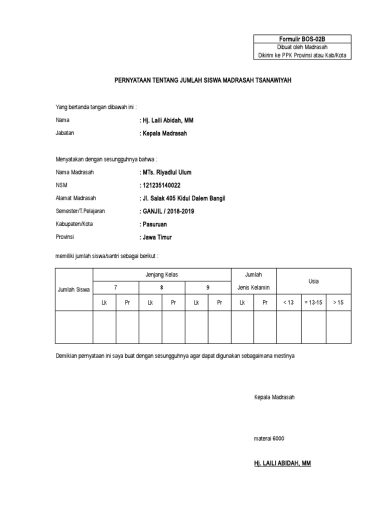 Formulir BOS-02B Madrasah 2018-2019 | PDF