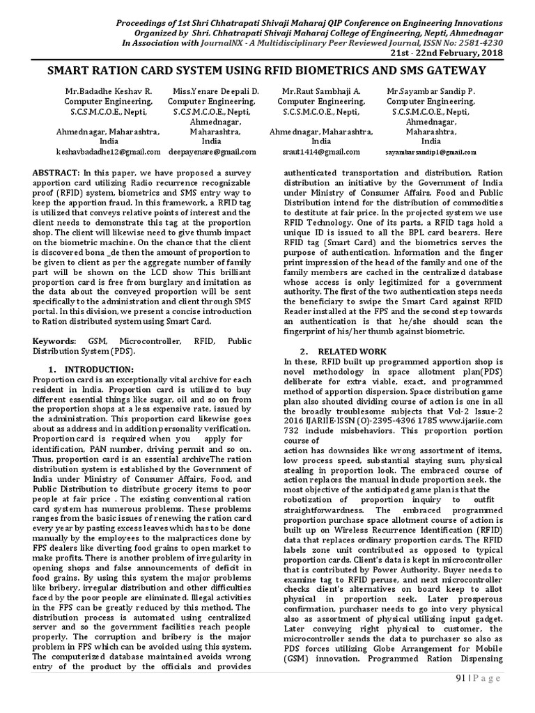 Smart Ration Card System Using Rfid Biometrics and Sms Gateway | PDF | Radio Frequency ...