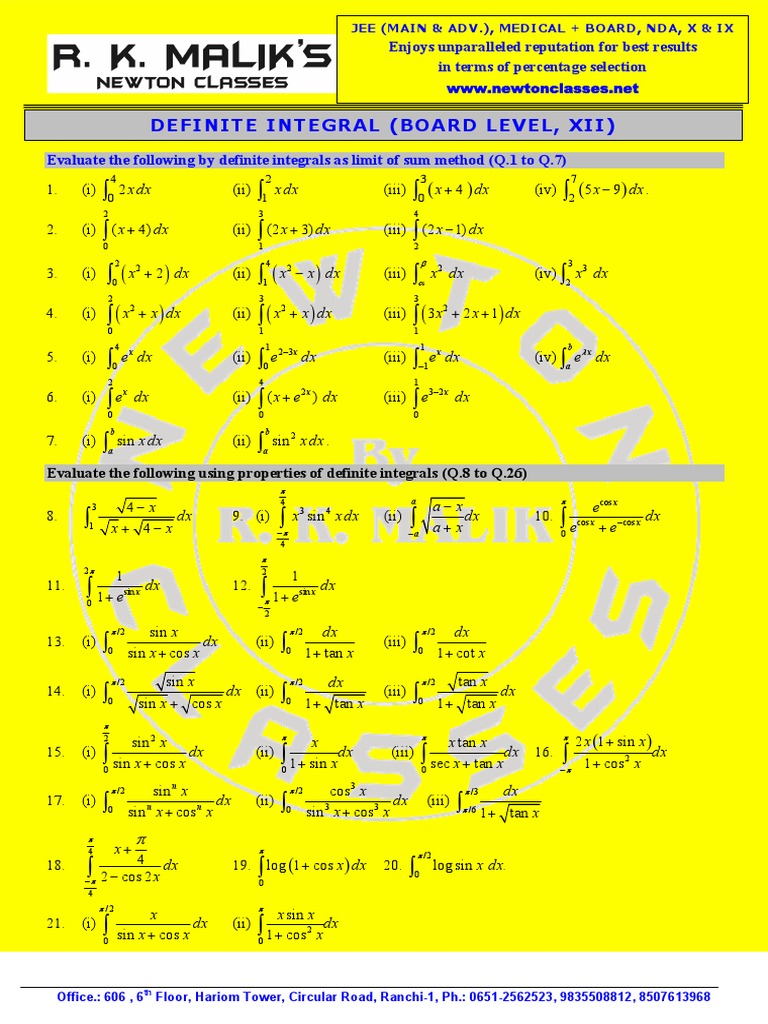 Definite Integrals: Evaluating Integrals Using Limit of Sum Method and ...