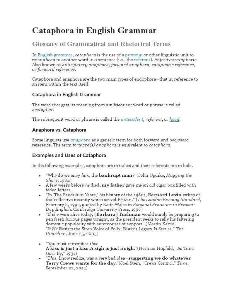 Cataphora in English Grammar: Glossary of Grammatical and Rhetorical ...