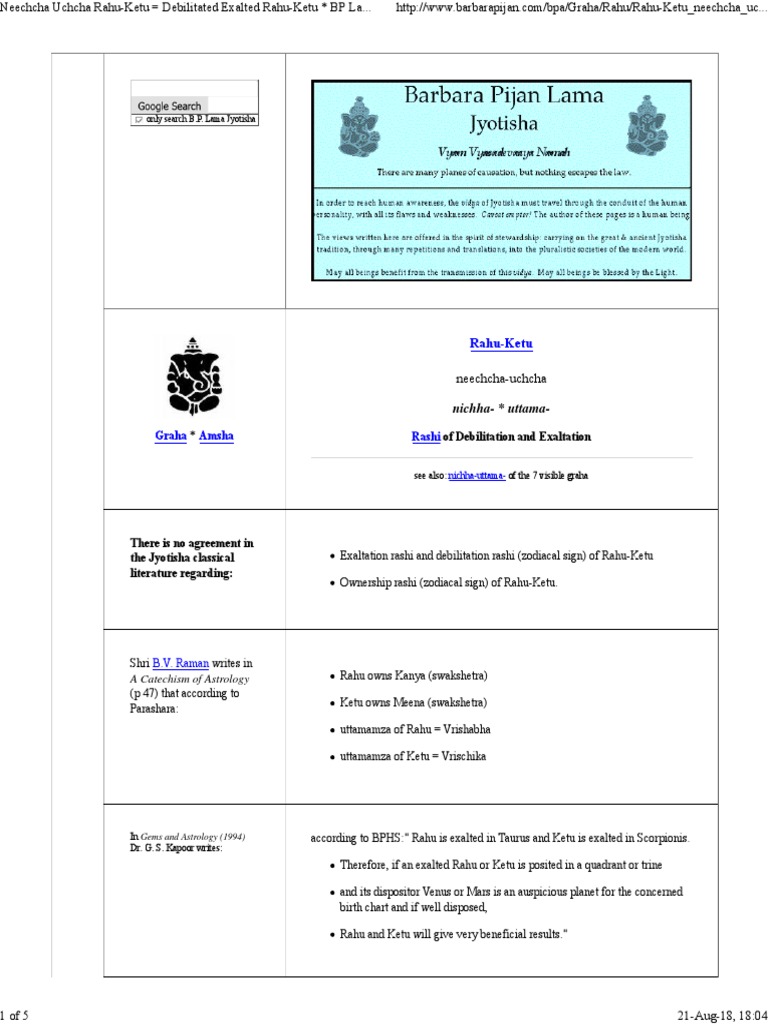 Debilitated and Exalted Rahu-Ketu Positions | PDF | Planets In ...