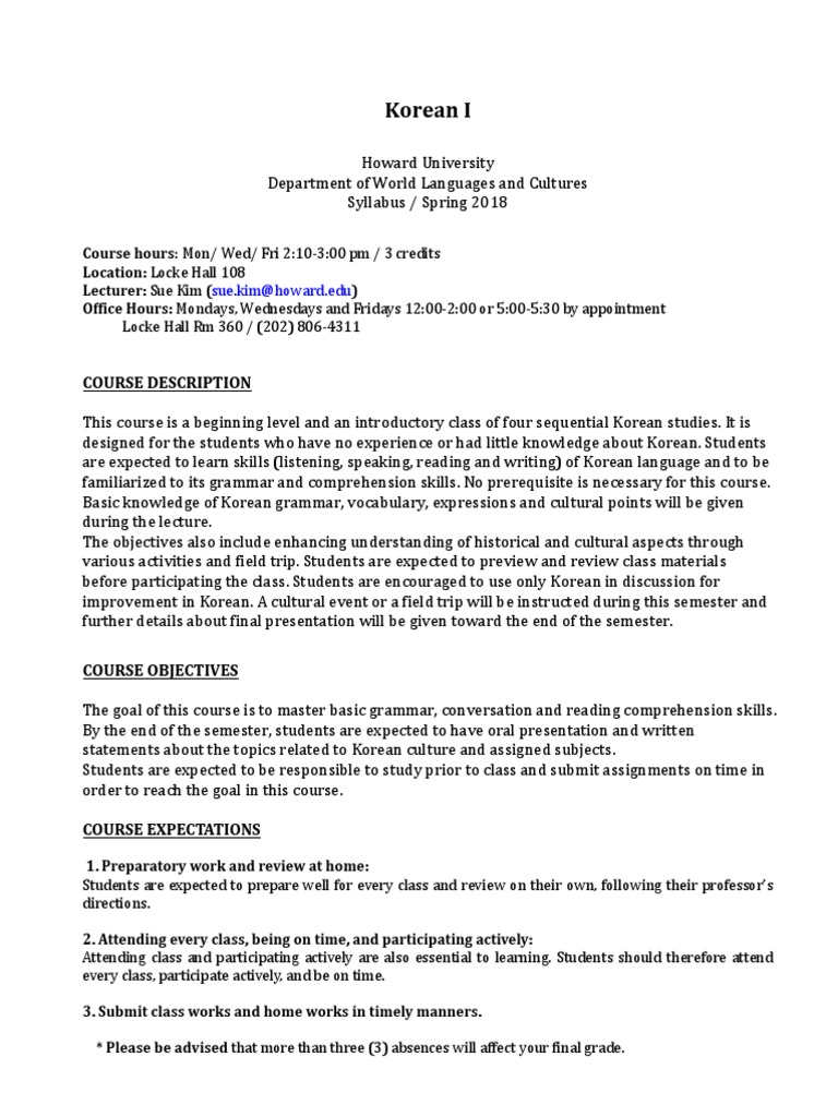 Syllabus for Beginning Korean I: An Introduction to the Korean Language ...