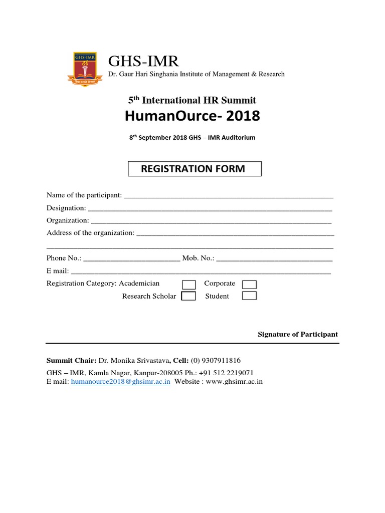 GHS-IMR 5th International HR Summit Registration Form | PDF