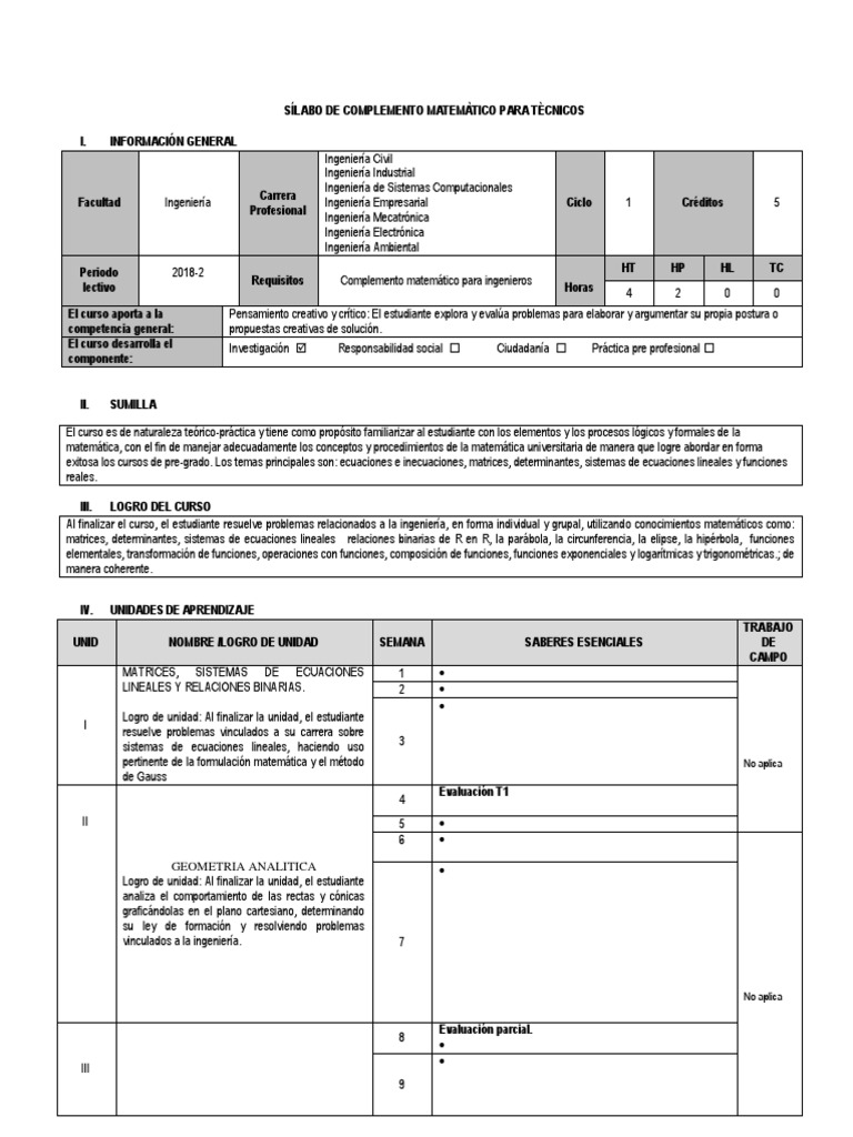 Sílabo Complemento Mat Conocido | PDF | Ingeniería | Matriz (Matemáticas)