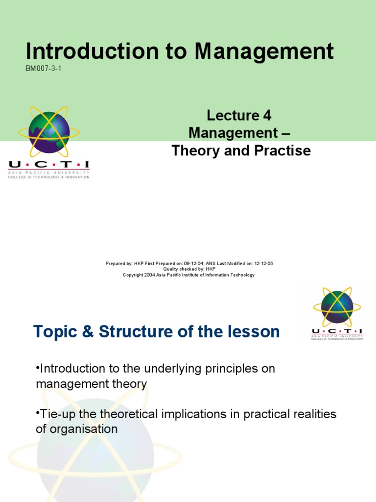 Introduction To Management: Management - Theory and Practise | PDF ...