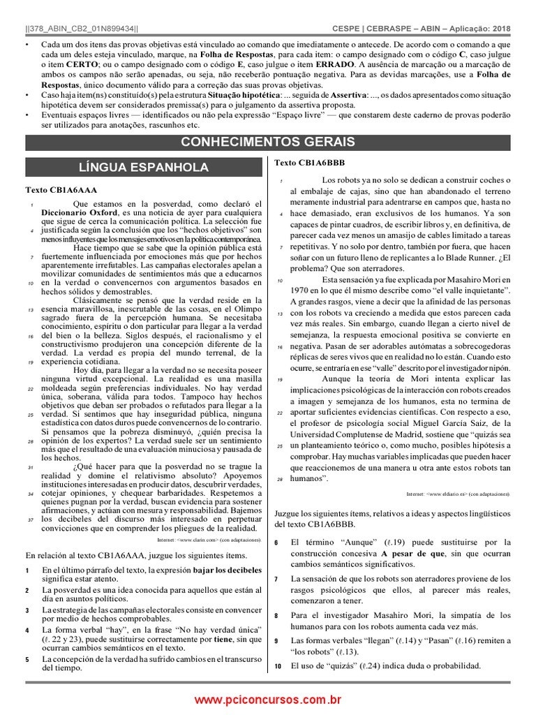 PROVA CESPE ABIN 2018 Oficial - Tecnico - de - Inteligencia - Oirea - 9 PDF | PDF ...