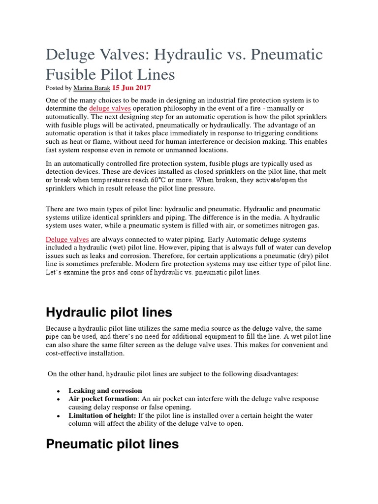 Deluge Valves: Hydraulic vs. Pneumatic Fusible Pilot Lines | PDF | Fire ...