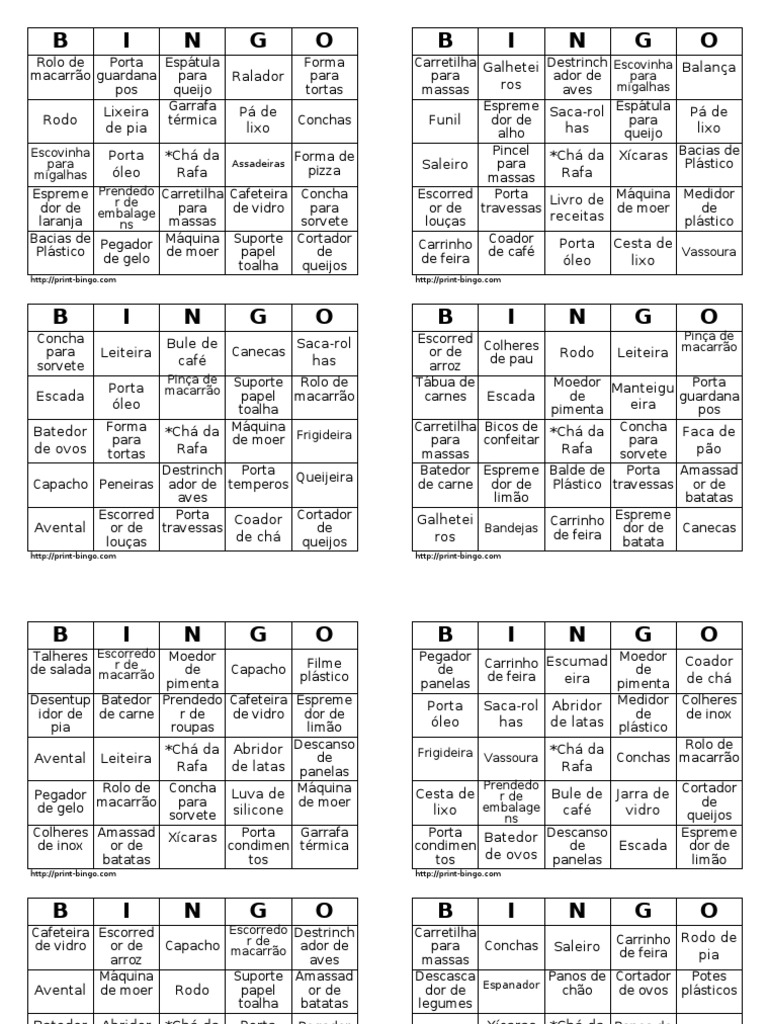 Print Bingo para Cha de Cozinha Itens Cozinha | PDF | Culinária | Alimentos