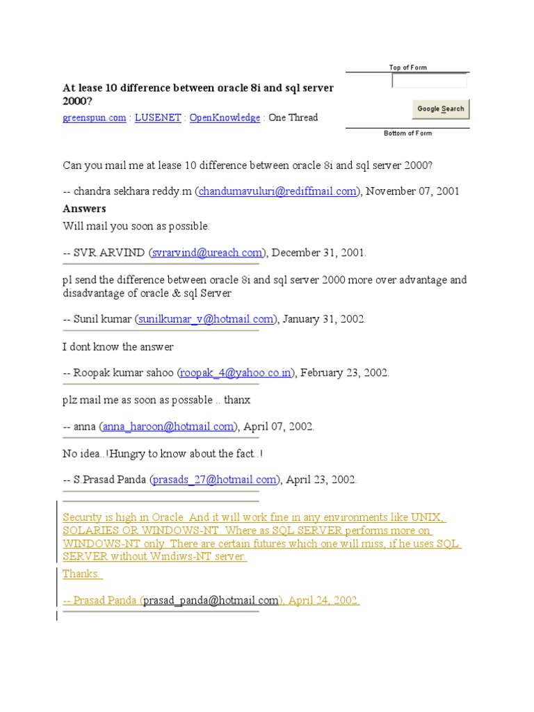 At Lease 10 Difference Between Oracle 8i and SQL Server 2000 | PDF | Oracle Database | Microsoft ...