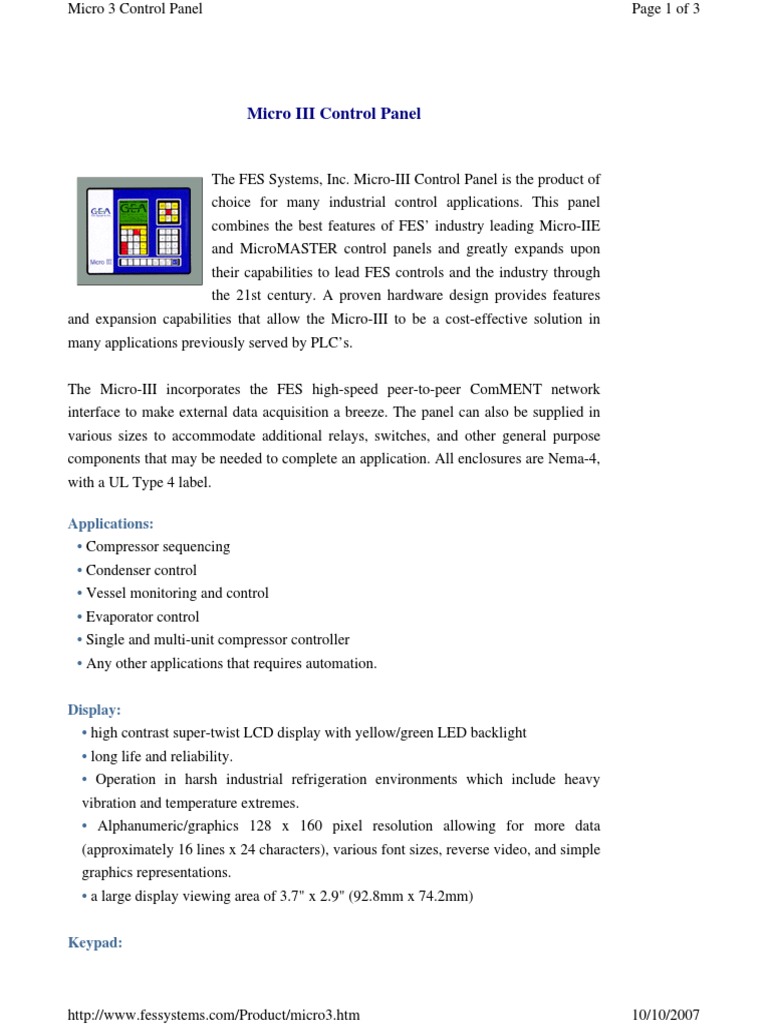 FES Control Pane Literature | PDF | Computer Terminal | Input/Output