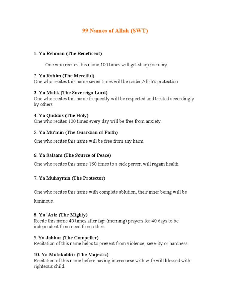 99 Names of Allah & Their Excellence | PDF | Monotheism | Religious ...
