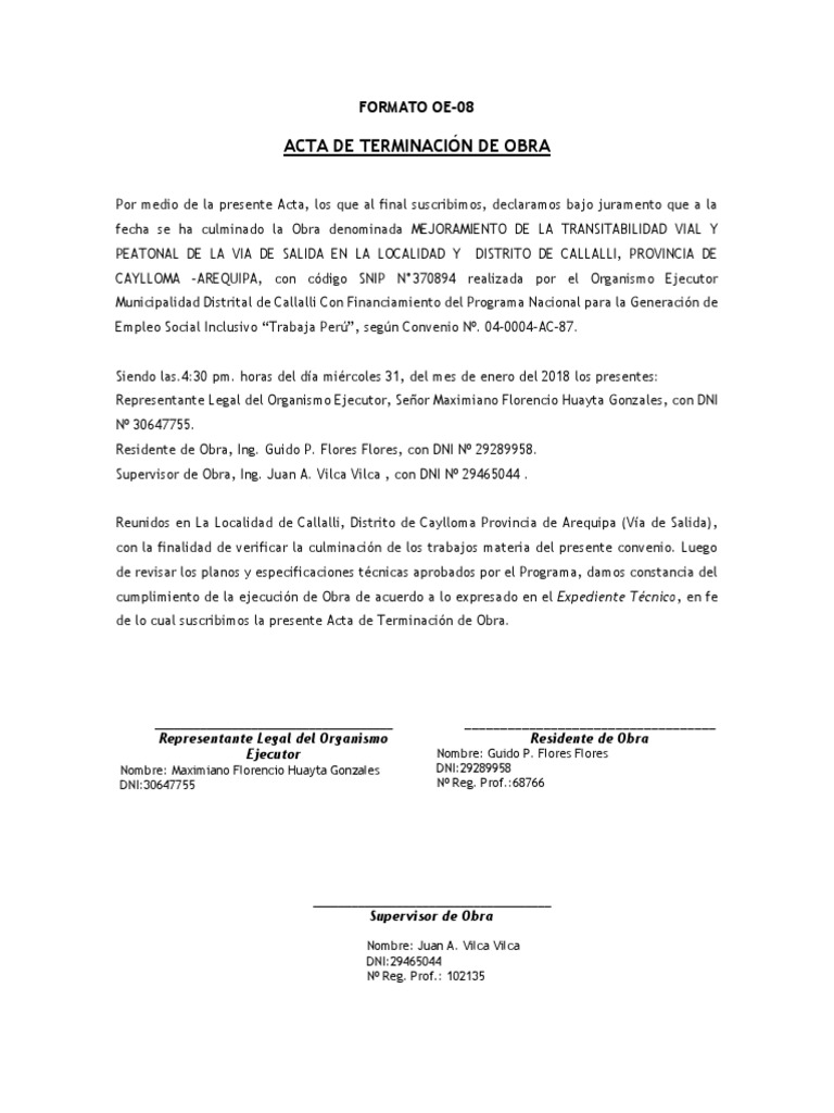 Formato Oe Acta de Terminacion de Obra | PDF