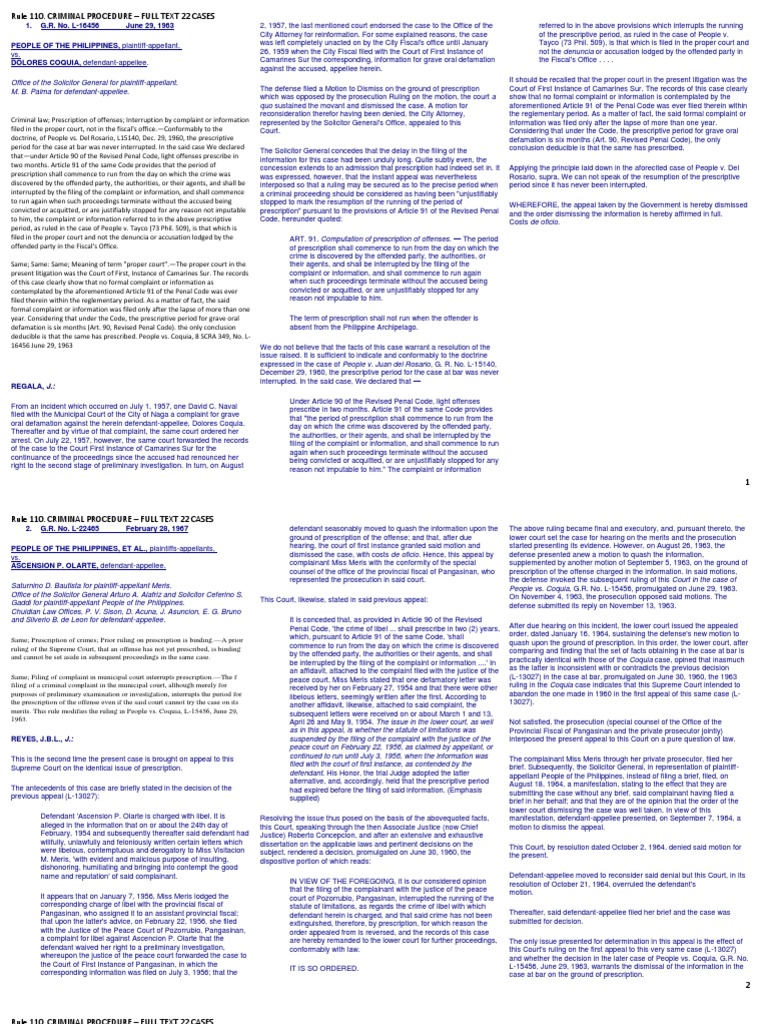 Rule 110 - Criminal Procedure 22 Cases | PDF | Statute Of Limitations | Complaint