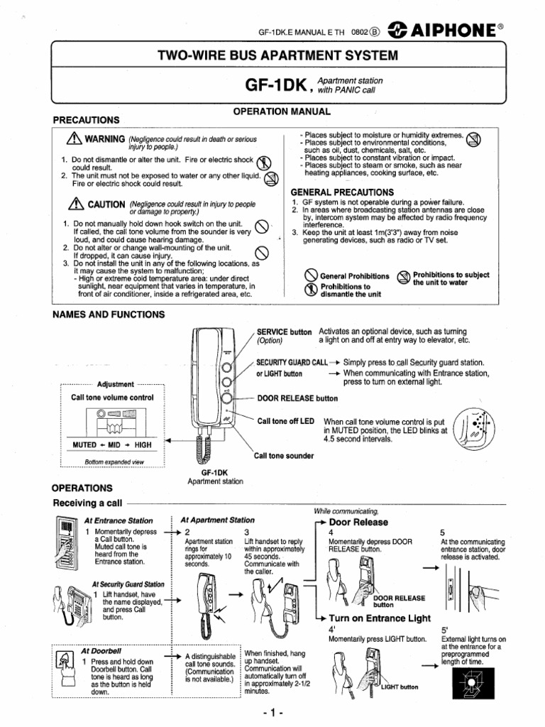Two-Wire Bus Apartment System: Operation Manual Precautions Warning ...
