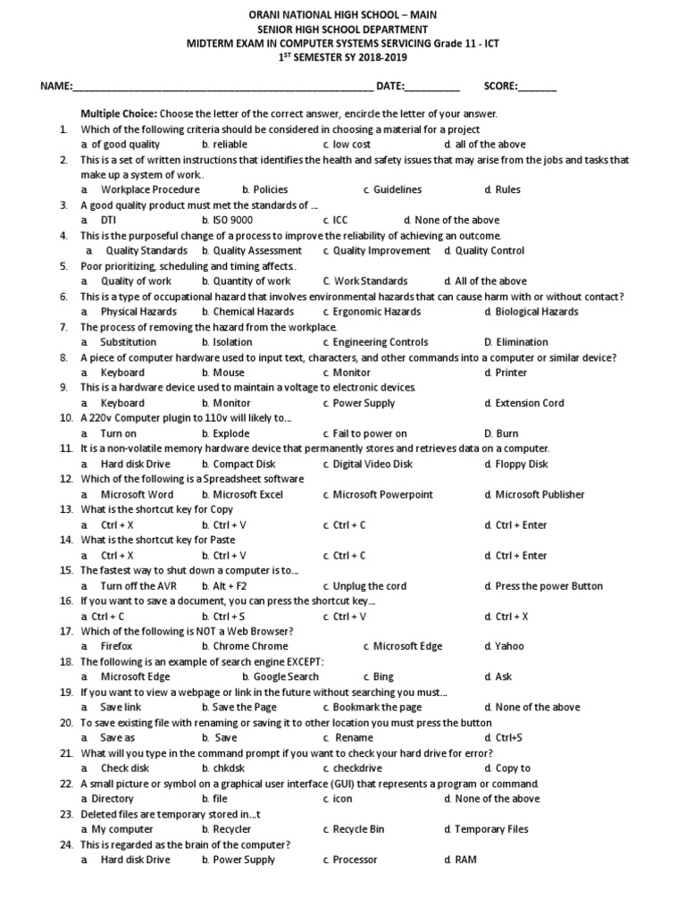 Midterm ExamINATION in COMPUTER sYSTEMS sERVICING g11 | PDF | Disk Storage | Random Access Memory