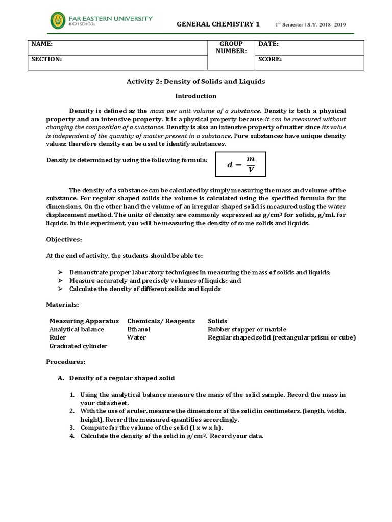 GenChem 1 Activity 2 - Density | PDF | Density | Volume