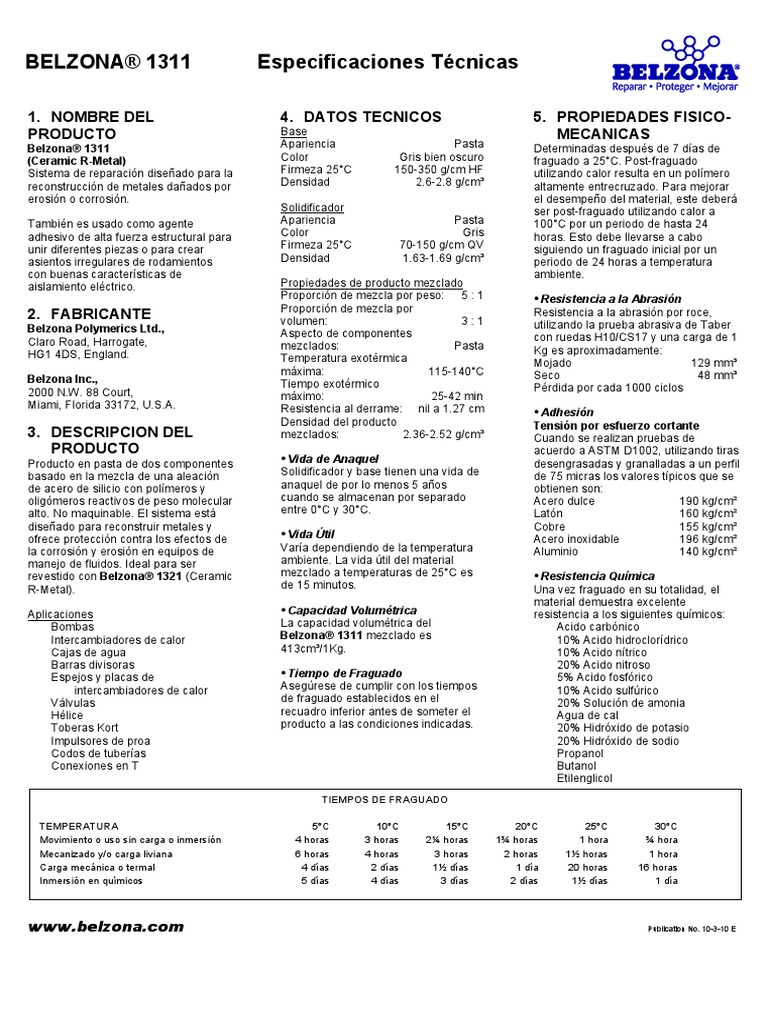 BELZONA® 1311 Especificaciones Técnicas: 1. Nombre Del Producto 4. Datos Tecnicos 5. Propiedades ...
