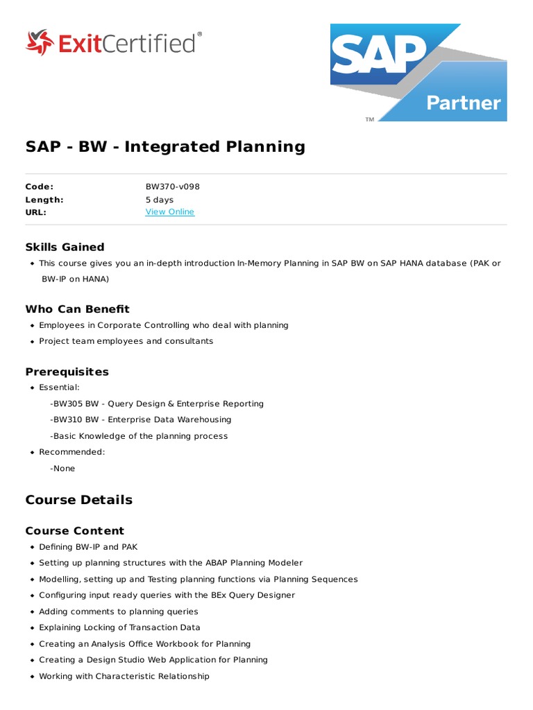 SAP - BW - Integrated Planning: Skills Gained | PDF