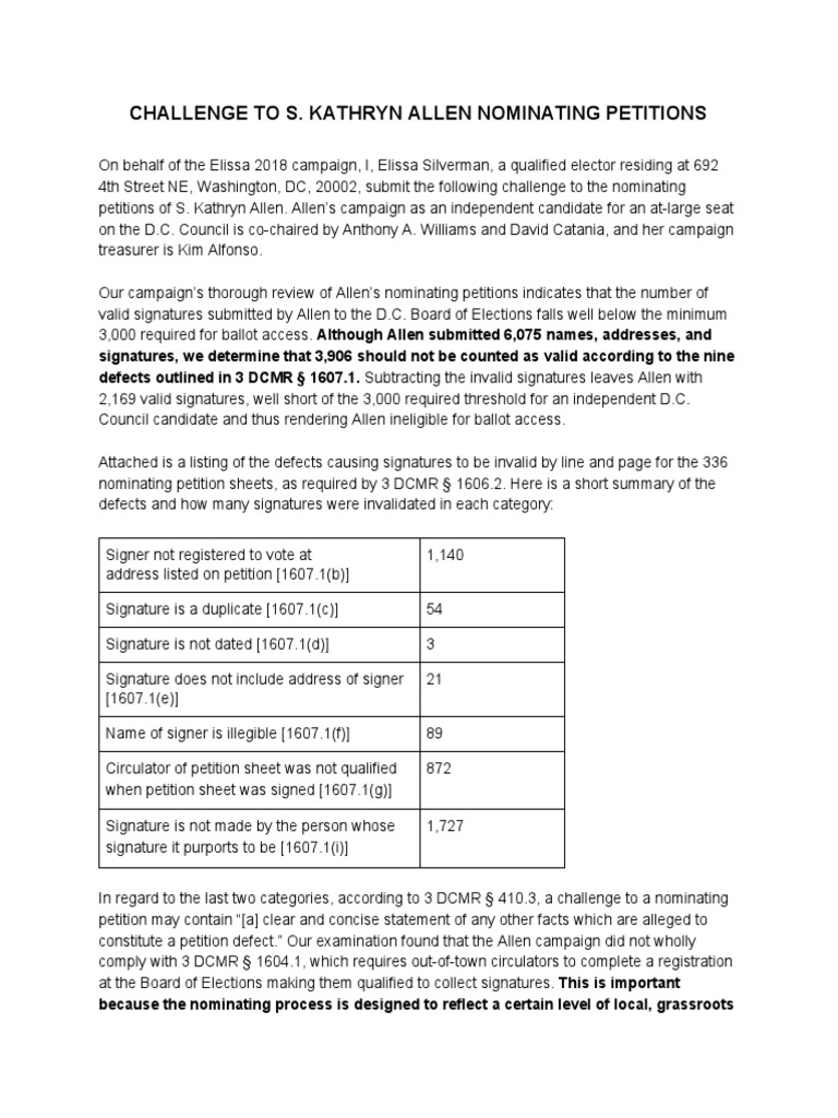 Silverman Challenge of Allen Signatures | PDF | Petition | Elections
