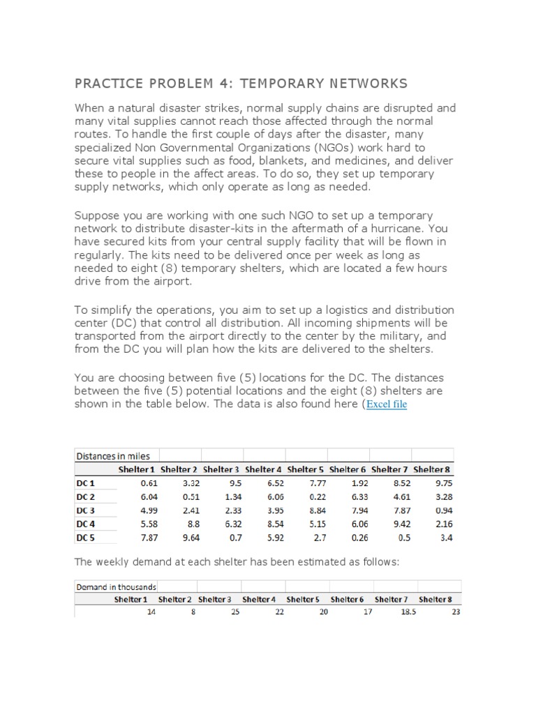 Practice Problem 4: Temporary Networks: The Weekly Demand at Each ...