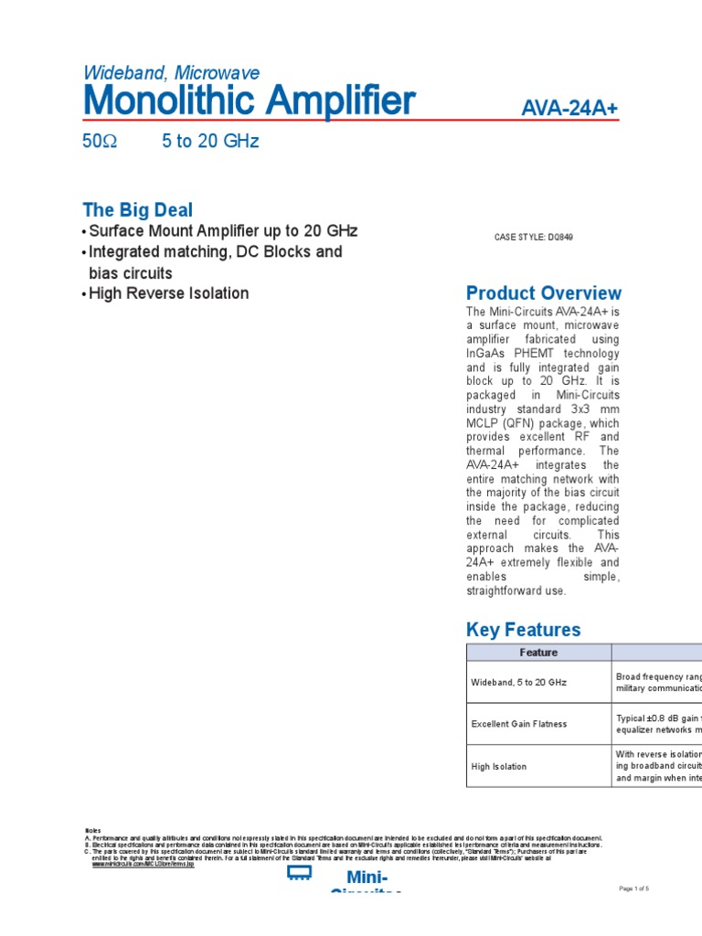 Monolithic Amplifier: 50 5 To 20 GHZ | PDF | Microwave | Amplifier