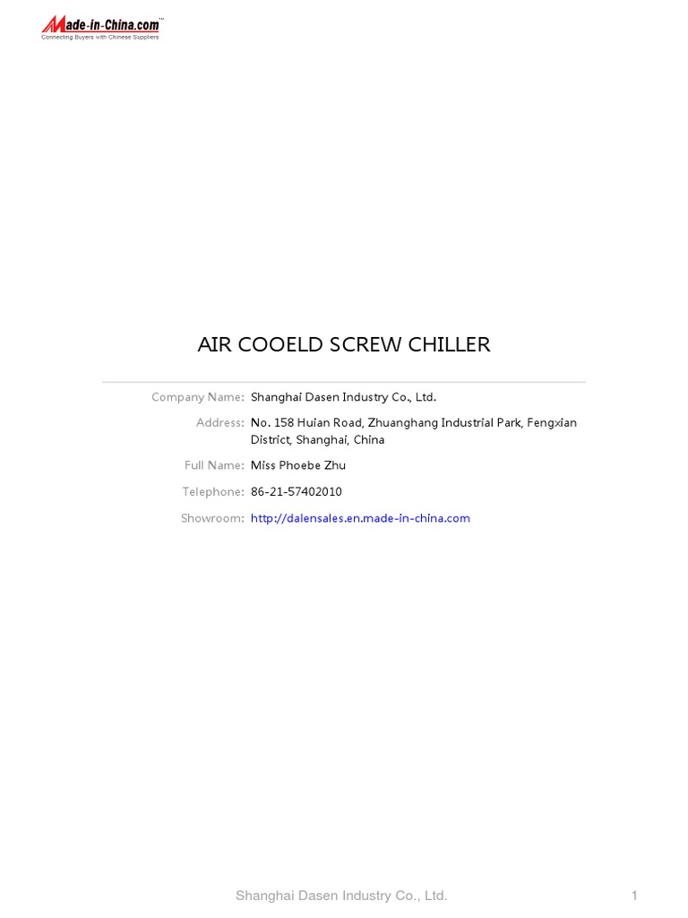Specification Sheet for Air Cooled Screw Water Chillers Provided by ...