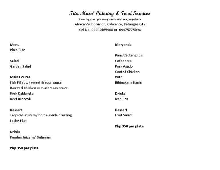 Tita Mars' Catering & Food Services: Menu Meryenda | PDF