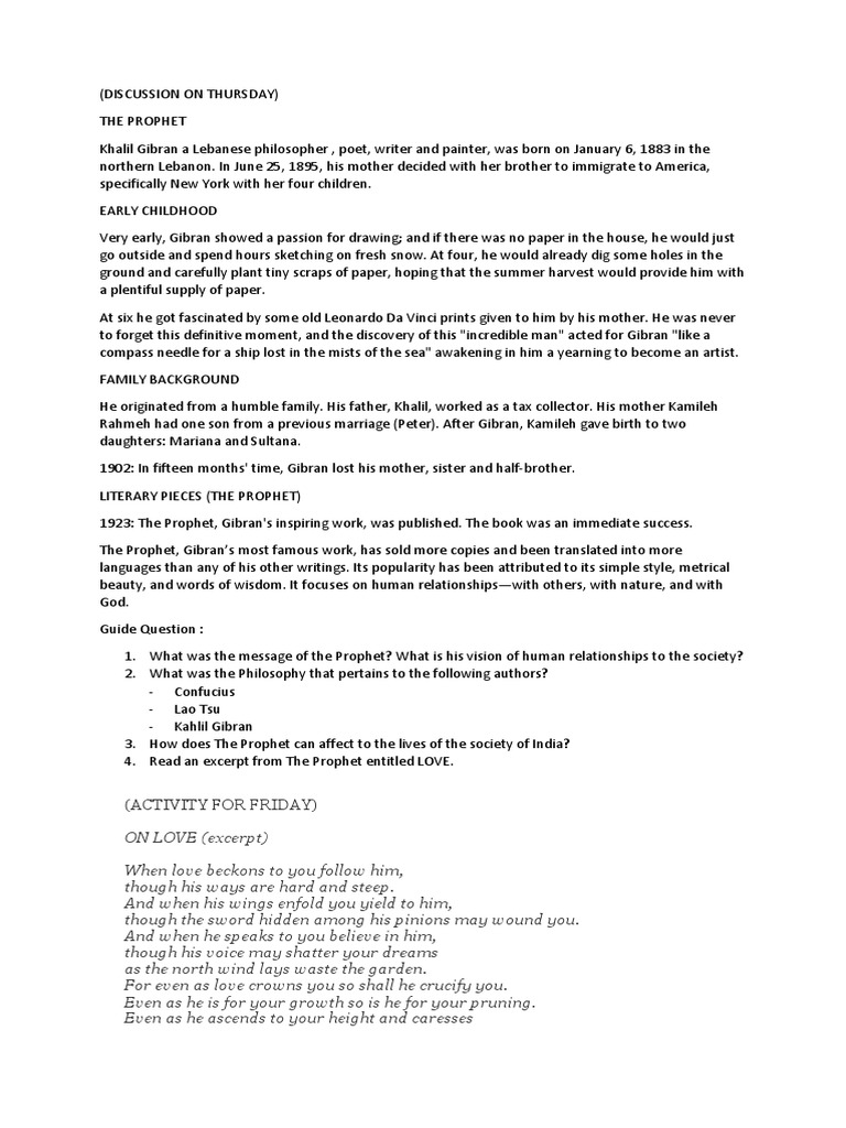 Activity For Friday | PDF | Kahlil Gibran | The Prophet (Book)