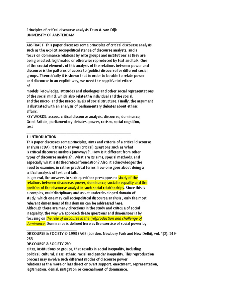 Principles Of Critical Discourse Analysis Teun A