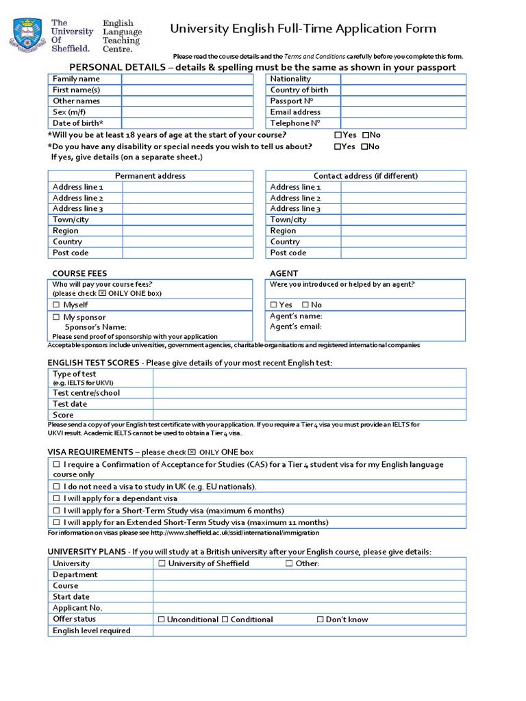 University English Full-Time Application Form | Download Free PDF ...
