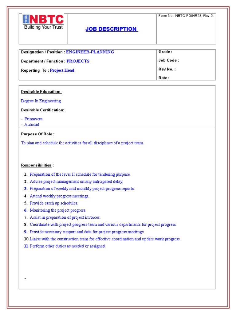 Job Description: Designation / Position: Department / Function ...