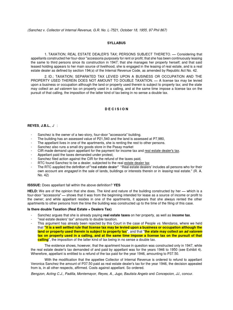 Sanchez v. Collector of Internal Revenue | PDF | Property Tax | Taxation