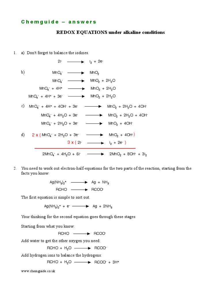 REDOX EQUATIONS Under Alkaline Conditions: Chemguide - Answers | PDF