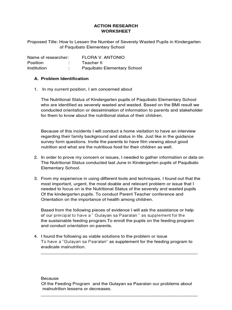 Action Research Worksheet Template | PDF | Malnutrition | Action Research