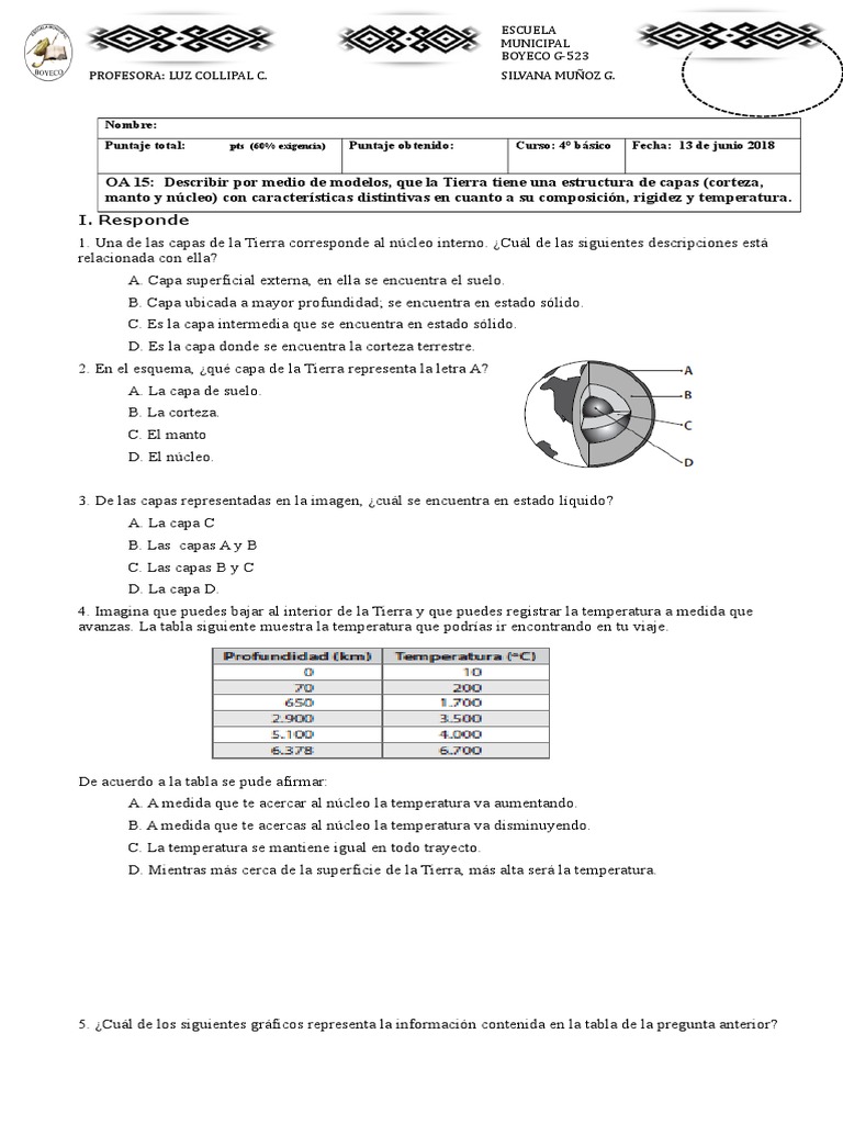 Evaluación 4° CAPAS DE LA TIERRA | PDF