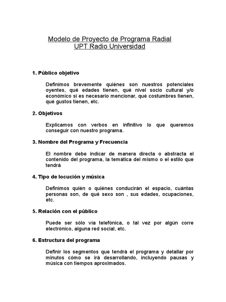 Modelo Proyecto de Programa Radial | Radio | Adultos