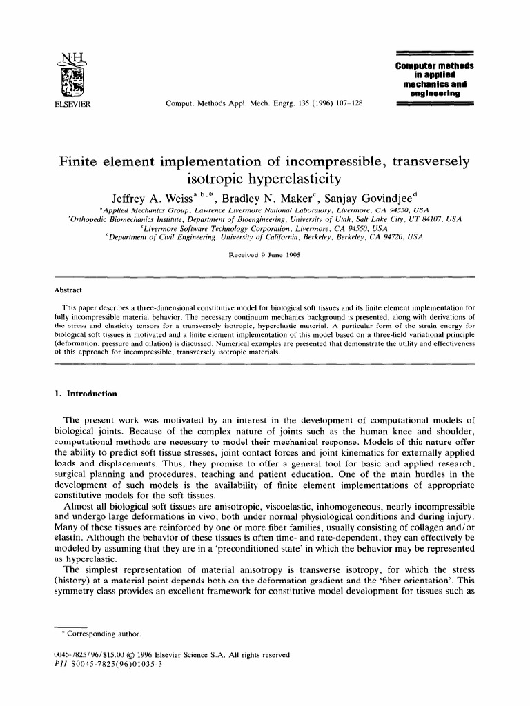 Finite Element Implementation of Incompressible, Transversely Isotropic Hyperelasticity | PDF ...